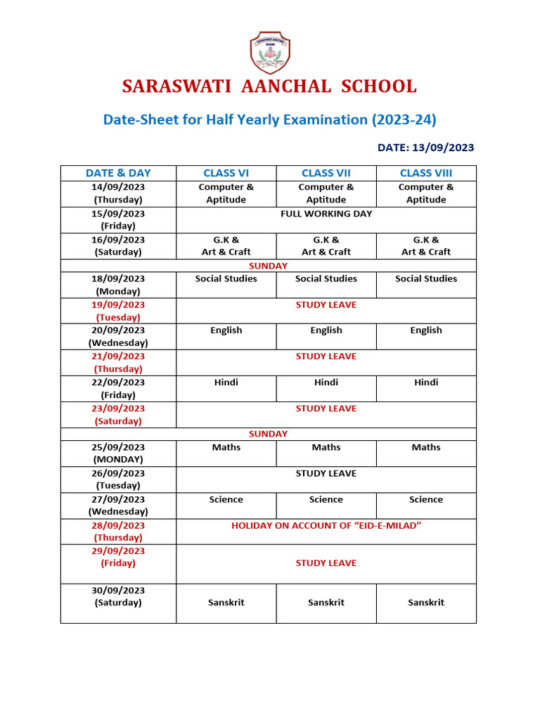 Half Yearly Exam Schedule for Classes 6-8 | PDF