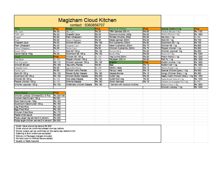 Magizham Cloud Kitchen Menu & Prices | PDF | Cuisine | Foods