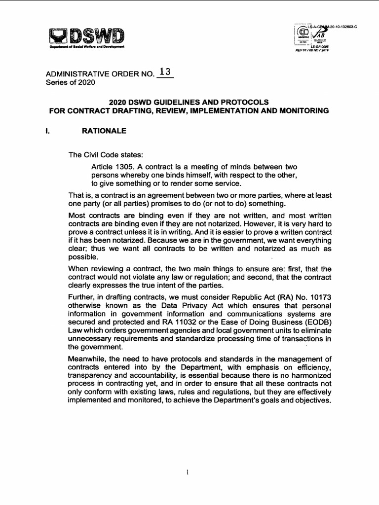 Ao - 2020-013 DSWD Guidelines and Protocols For Contrct Drafting ...