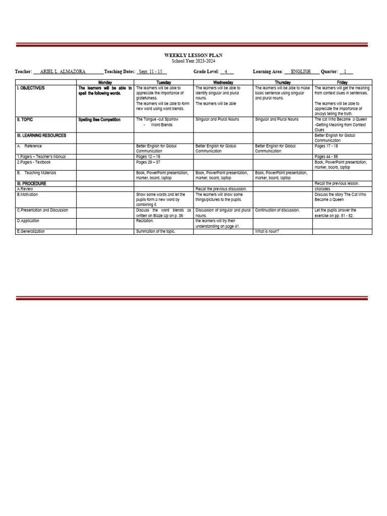 Lesson Plan | PDF | Learning | English Language
