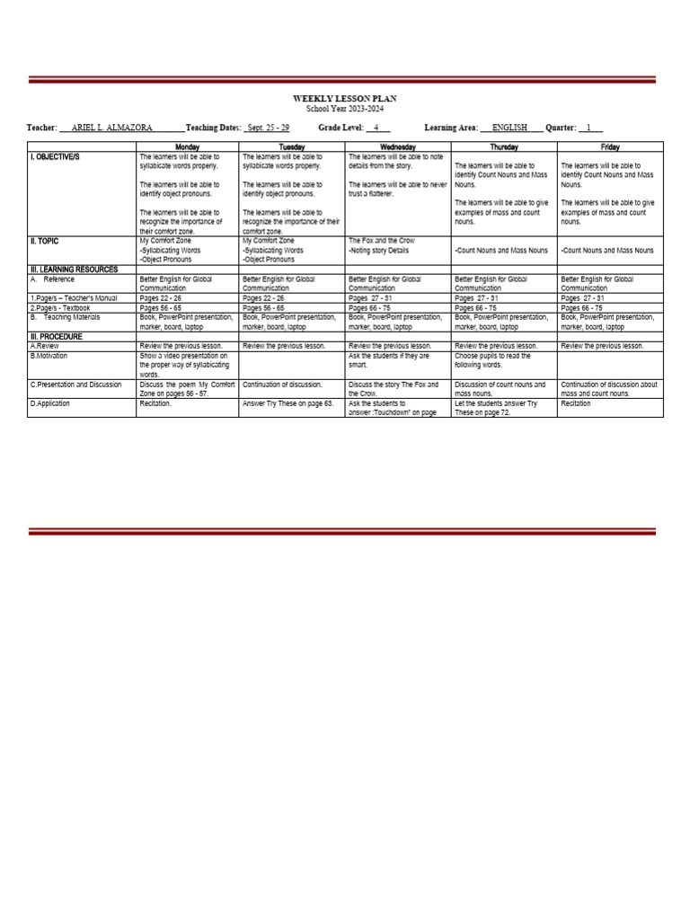 WEEK 7 Lesson Plan | PDF | English Language | Noun