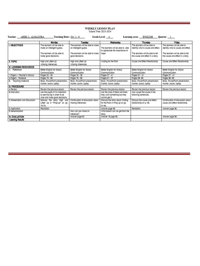 WEEK 8 Lesson Plan | PDF | Learning | Education Theory