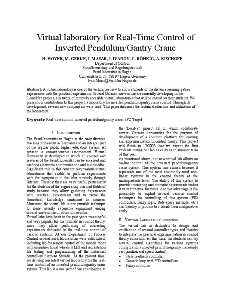 Virtual Laboratory For Real-Time Control of Inverted Pendulum/Gantry ...