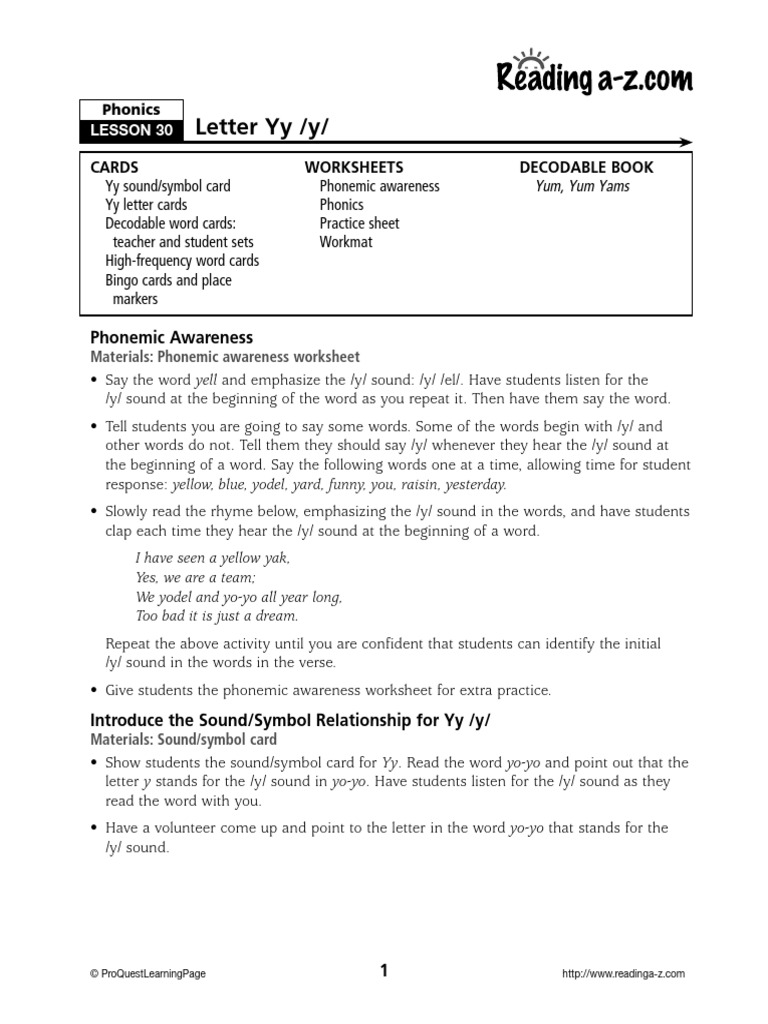 Lesson 30 Consonant Yy | PDF | Phonics | Books