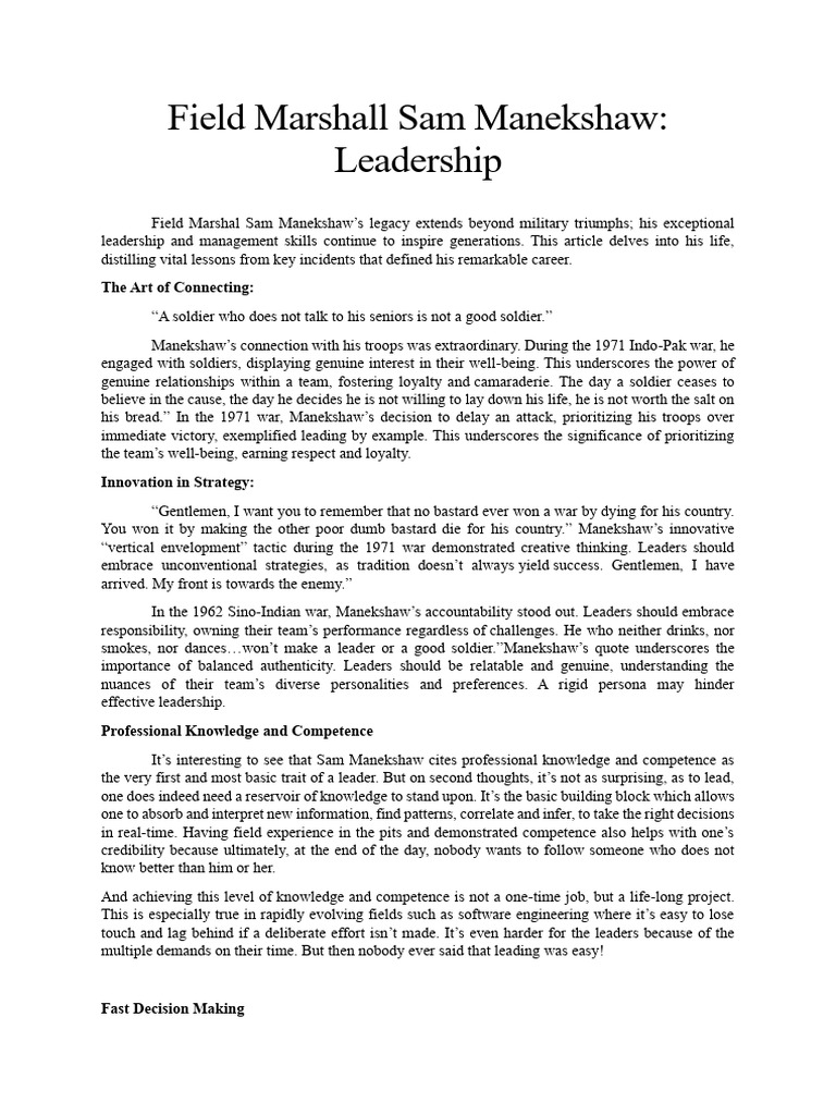 Field Marshall Sam Manekshaw | PDF | Knowledge | Decision Making
