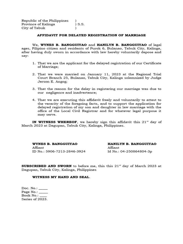 Affidavit for Delayed Marriage Registration | PDF | Affidavit | Common Law