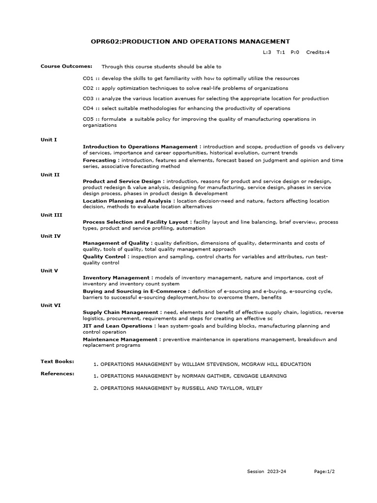 Frm Course Syllabus Ipdownload Pdf Operations Management Inventory 