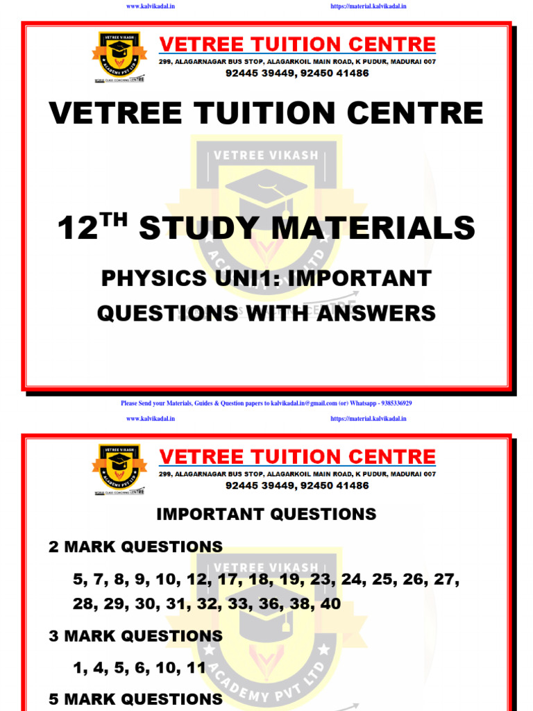 12th Physics Unit 1 Key Questions | PDF | Electric Field | Capacitance