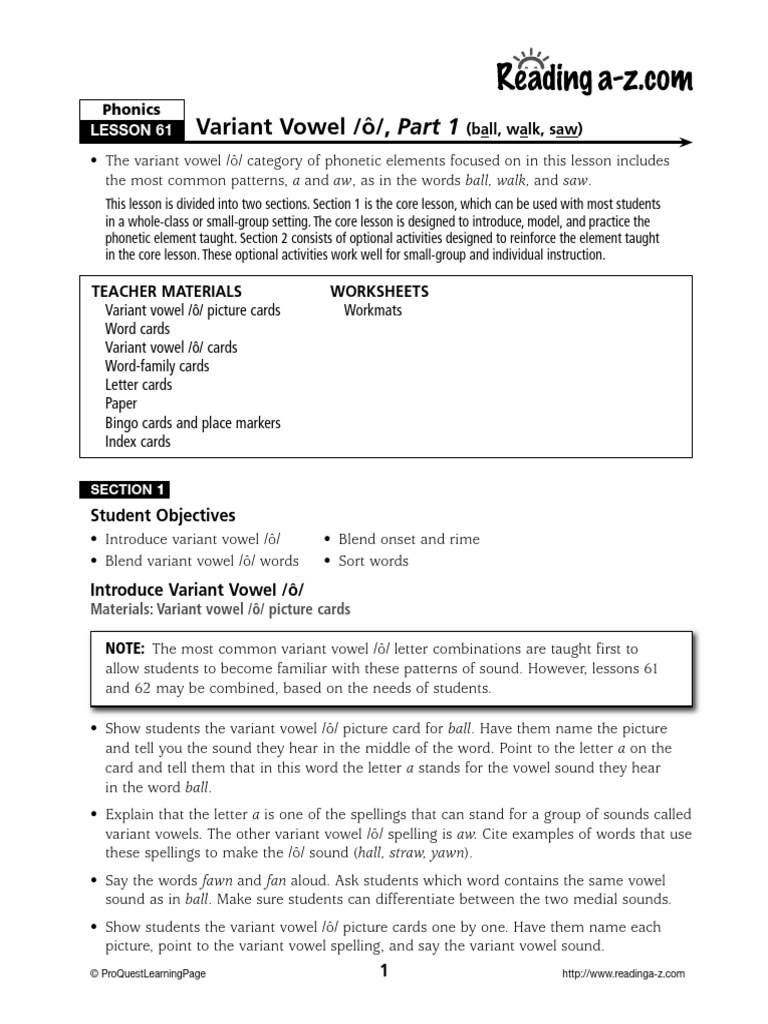 Lesson 61 o As in Ball Part 1 | PDF | Syllable | Phonics
