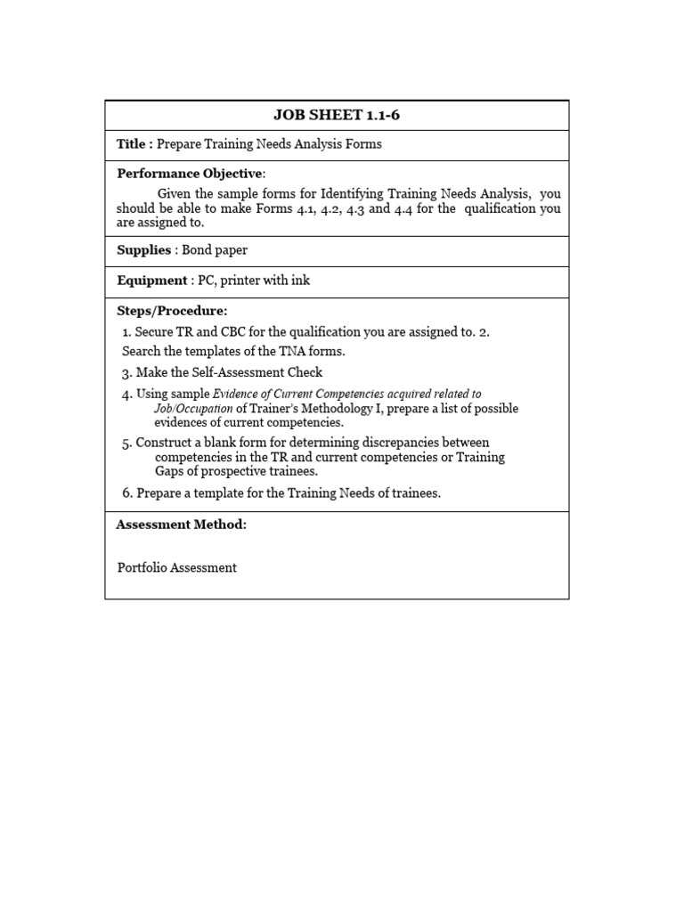 JOB SHEET 1 - Prepare Training Needs Analysis Forms | PDF | Career & Growth