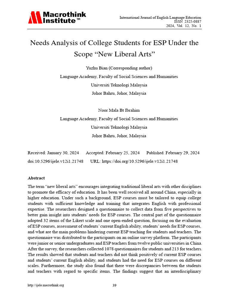 Needs Analysis of College Students For ESP Under T | PDF | Teachers | Interdisciplinarity