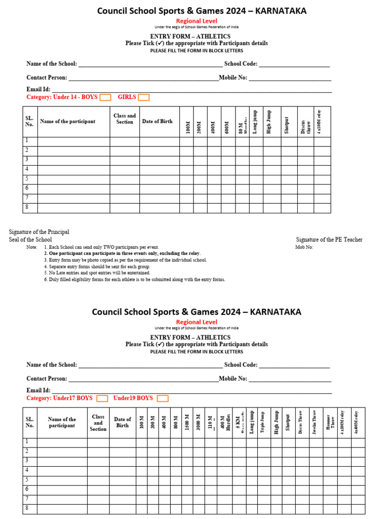 Athletics Entry Form for School Games | PDF | Track And Field | Games ...