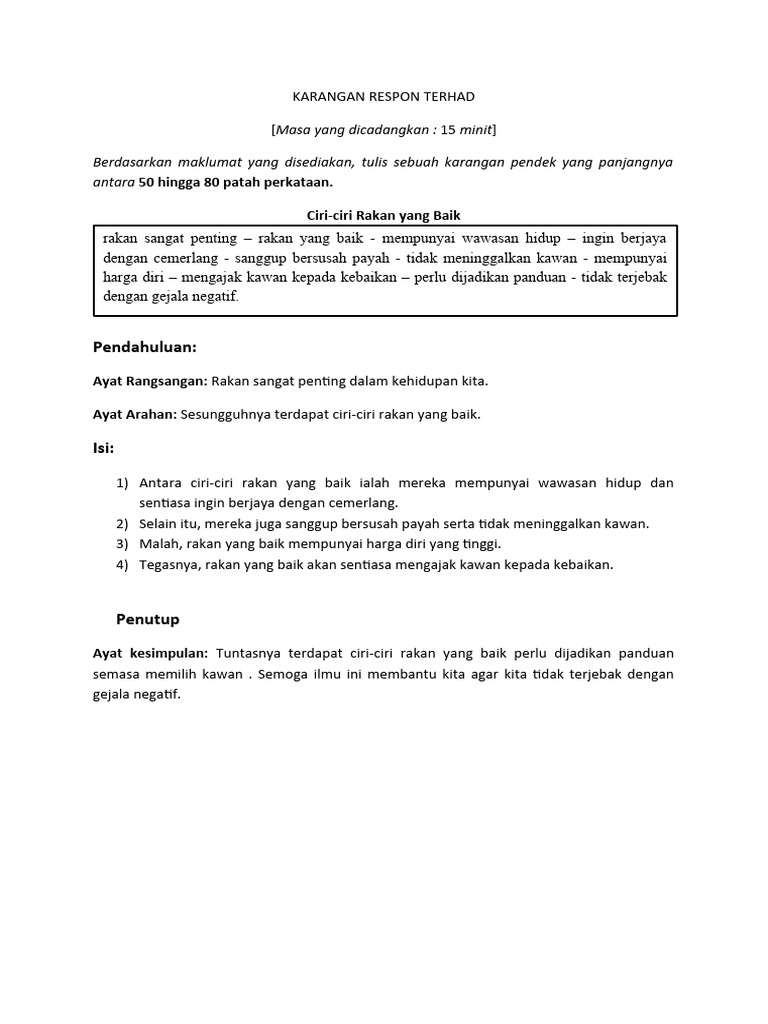 Karangan Respon Terhad Ciri Rakan Yang Baik | PDF