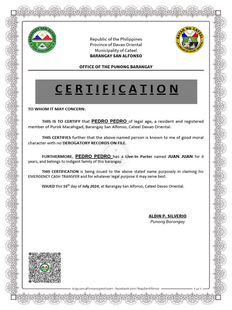 Certificate For Live in | PDF