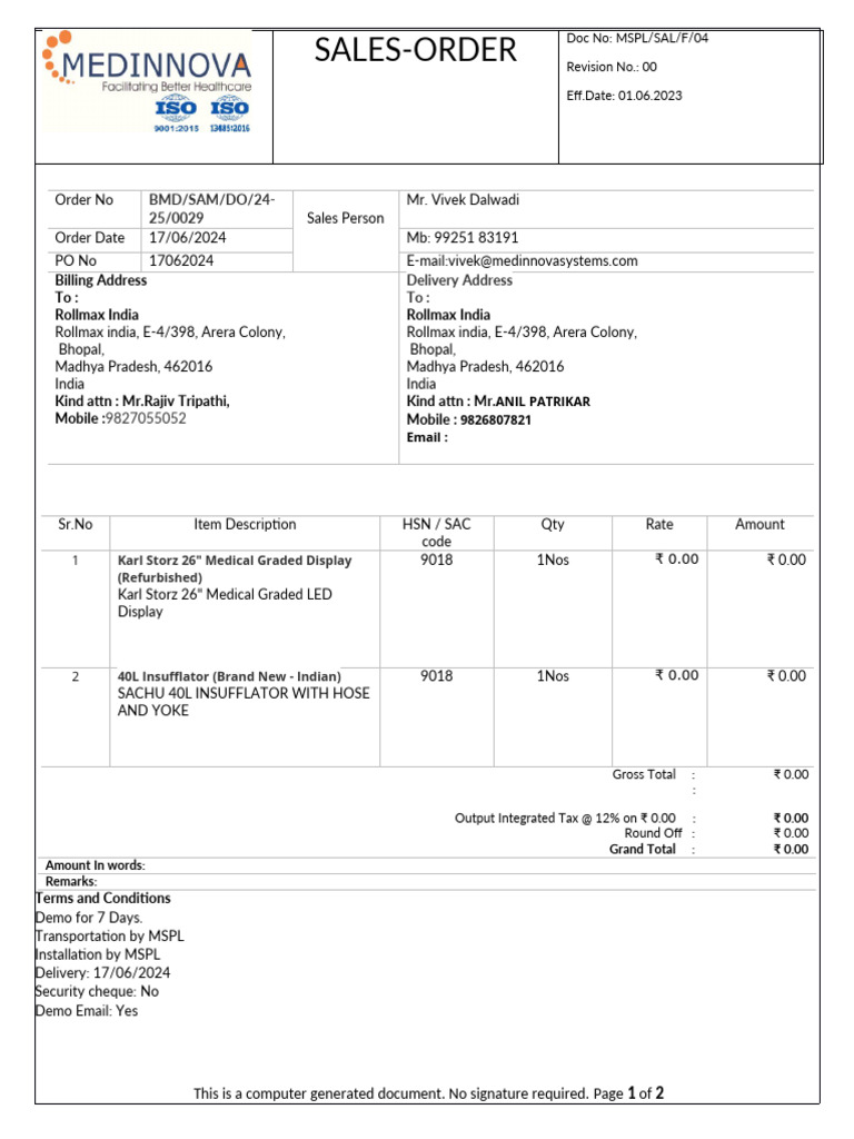 Sales Order for Rollmax India | PDF
