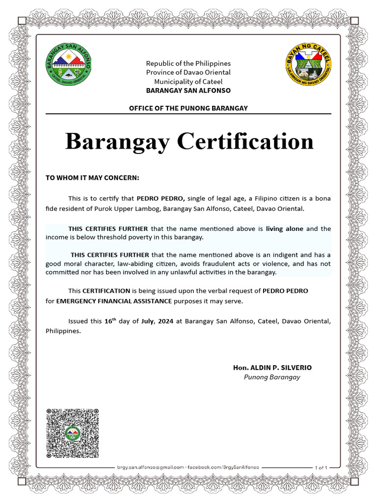 Barangay Certificate of Living Alone | PDF