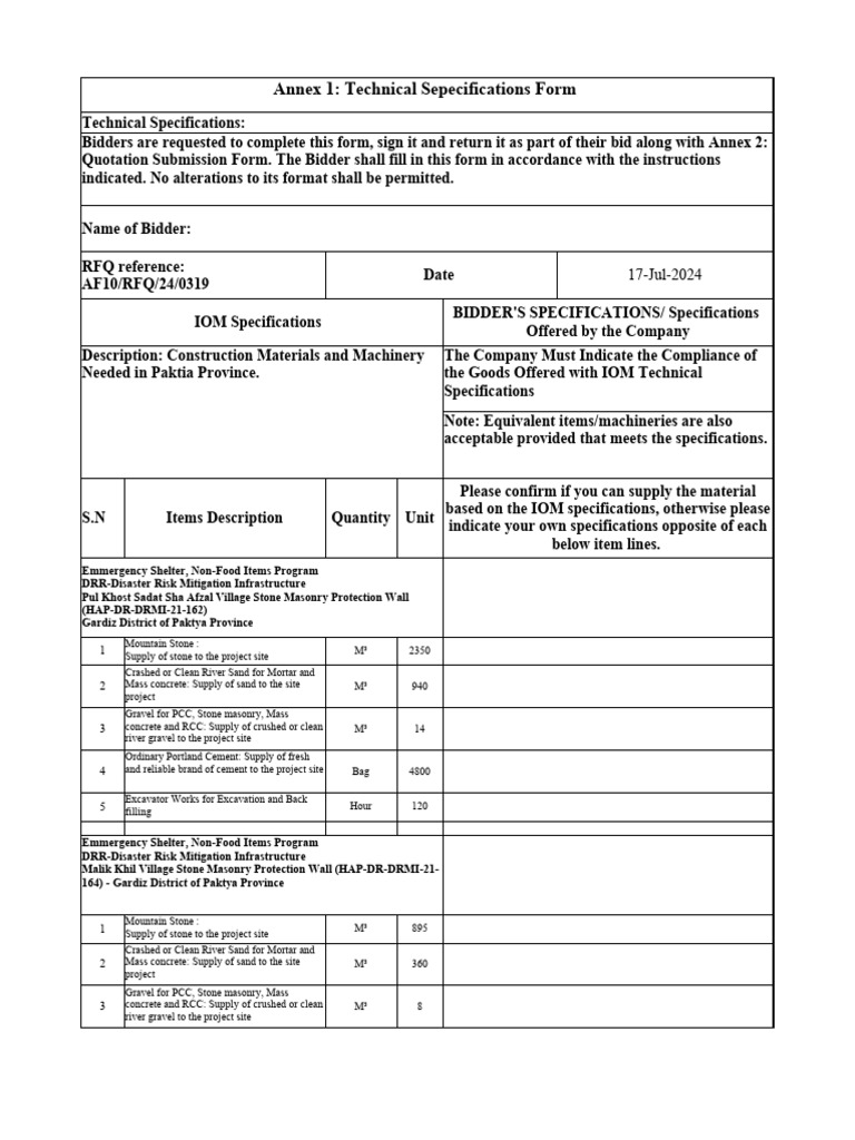 Annex 1 - Technical Specifications Form - Soft | PDF | Concrete | Composite Material