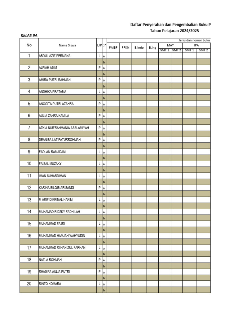 Daftar Penyerahan Dan Pengembalian Buku TP 2024 - 2025 | PDF