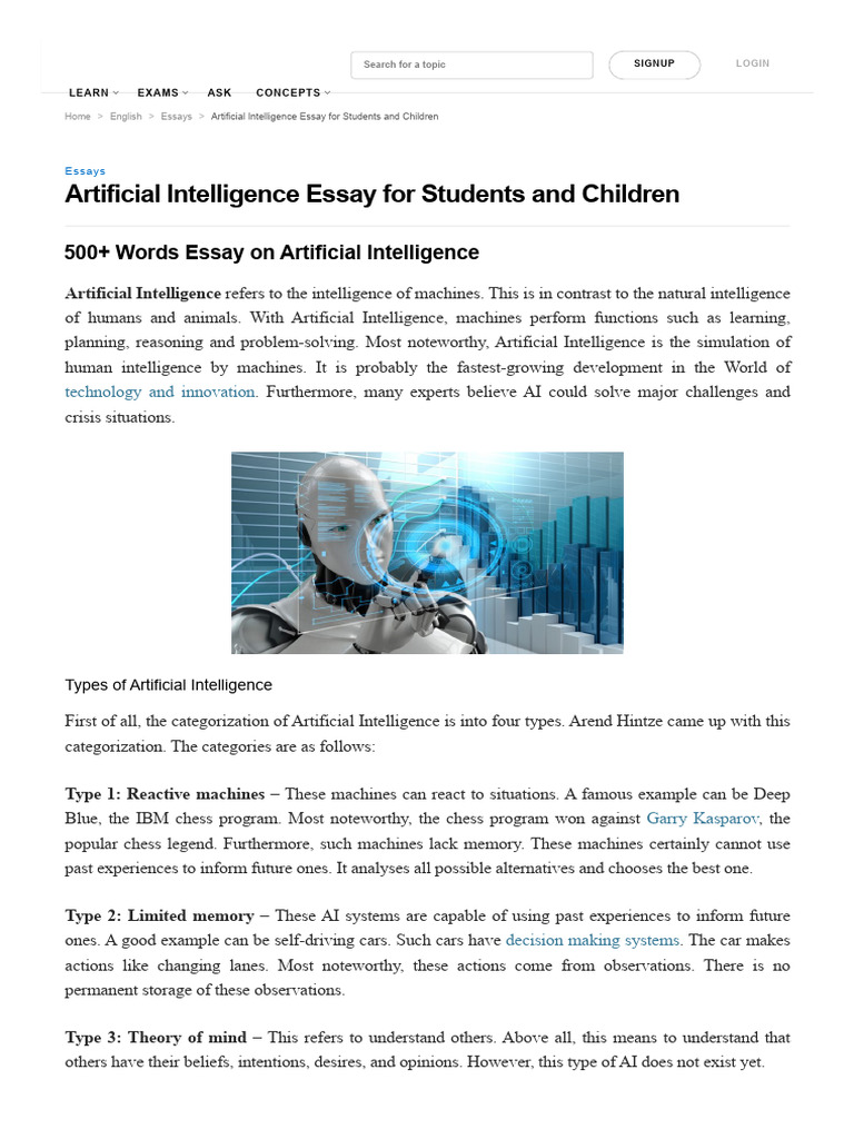 Artificial Intelligence Essay For Students and Children - 500 Words Essay | PDF | Artificial ...