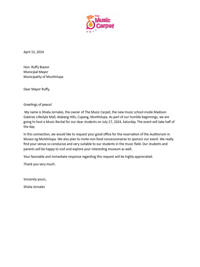 Request Letter To Rent An Auditorium | PDF