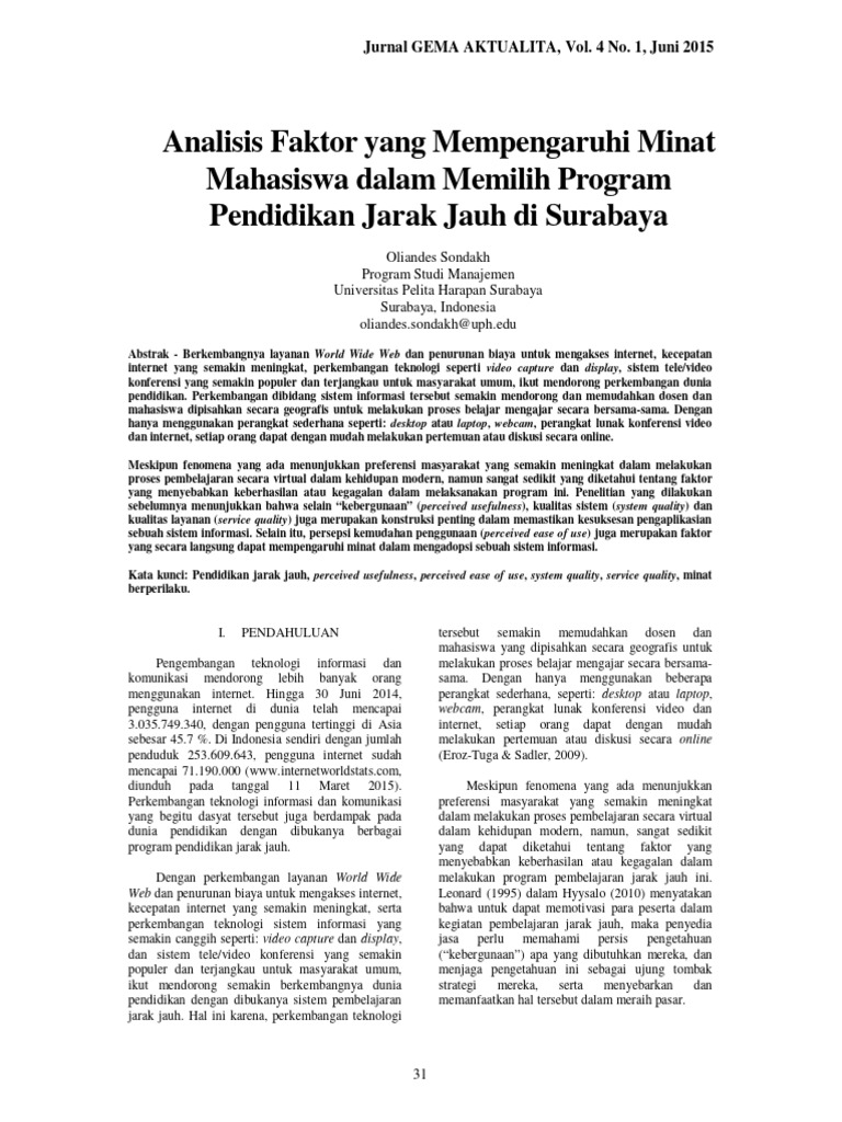 Analisis Faktor Yang Mempengaruhi Minat Mahasiswa Dalam Memilih Program Pendidikan Jarak Jauh Di ...