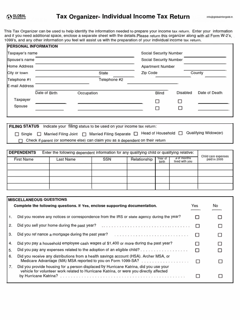 Individual Income Tax Organizer Form | PDF | Social Security (United ...