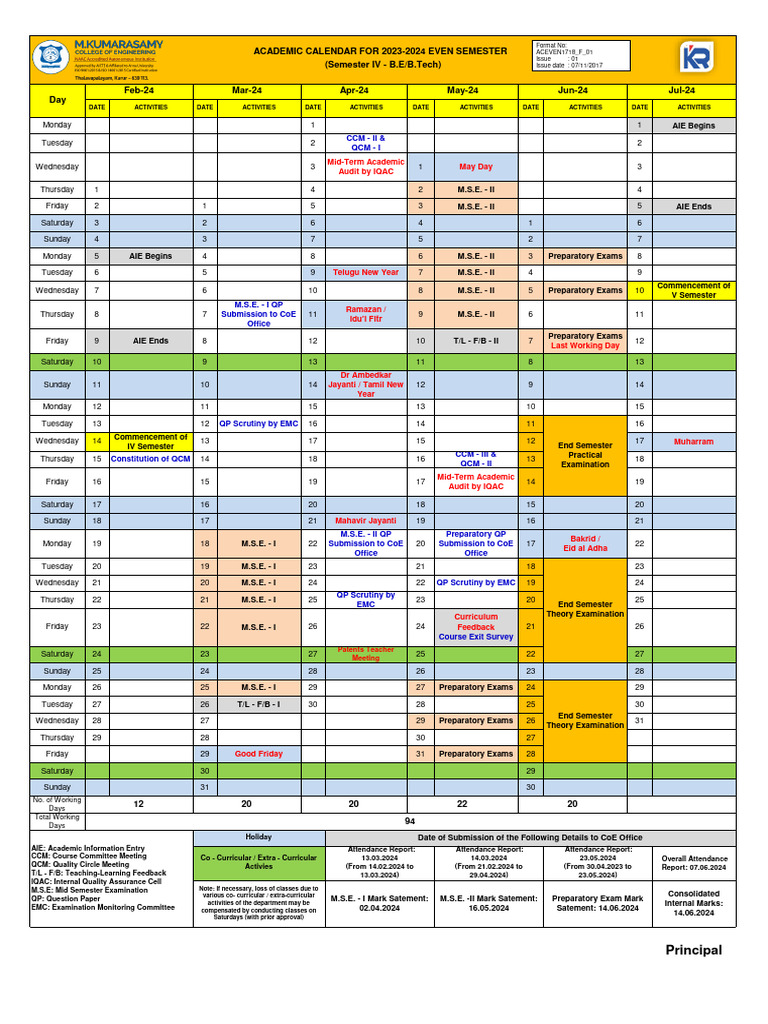 AY 2023-24 - IV Semester - Academic Calendar | PDF | Academic Term ...