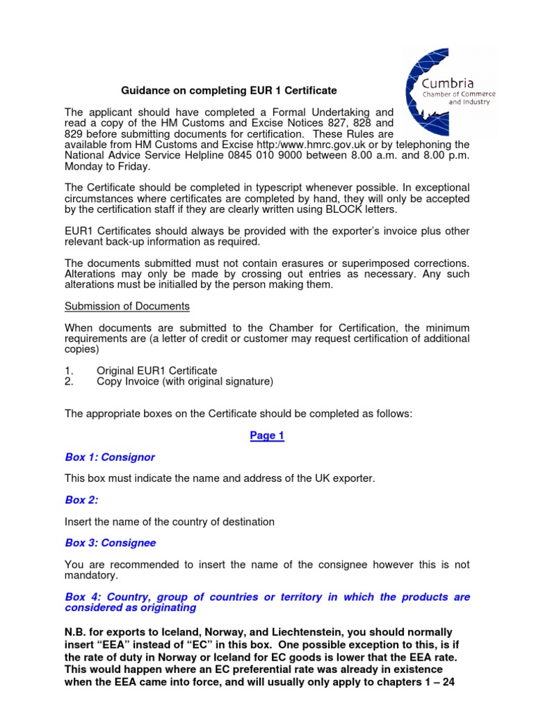 EUR 1 Certificate Completion Guide | PDF | European Economic Area | Customs