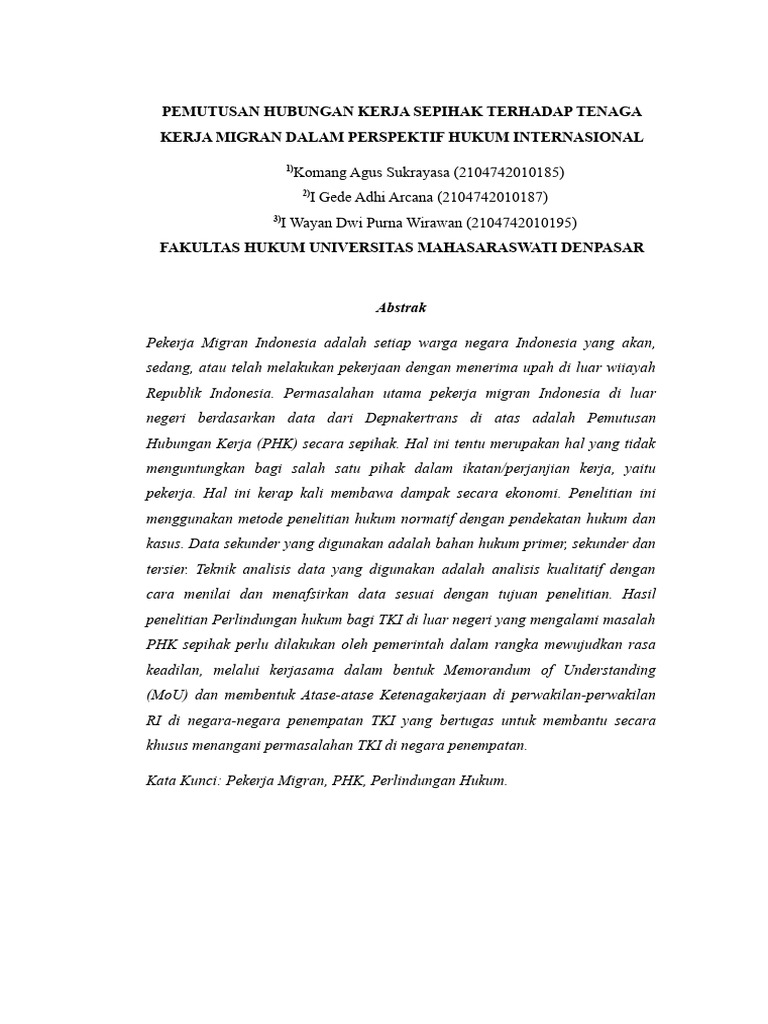 PHK Sepihak dan Perlindungan TKI | PDF | Pengelolaan Keuangan & Uang ...