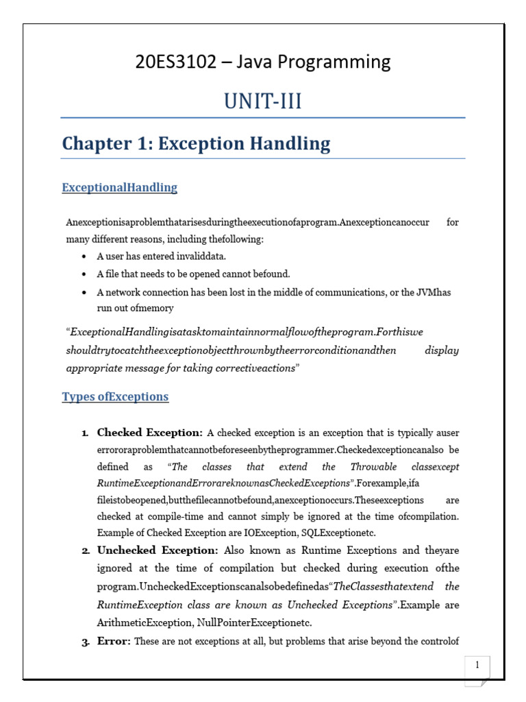 20ES3102 Java Programming Unit III Chapter 1 Exception Handling | PDF | Inheritance (Object ...