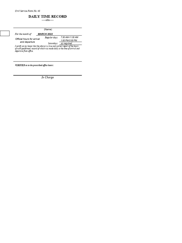 Civil Service Daily Time Record Form | PDF | Finance & Money Management