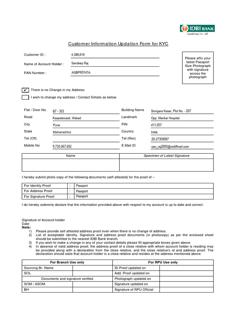 Idbi - Kyc Form | PDF | Identity Document