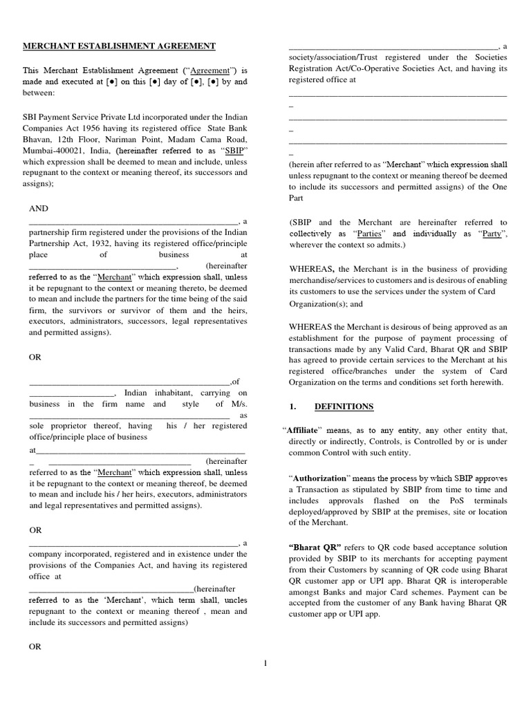 Merchant Establishment Agreement | PDF | Debit Card | Credit Card