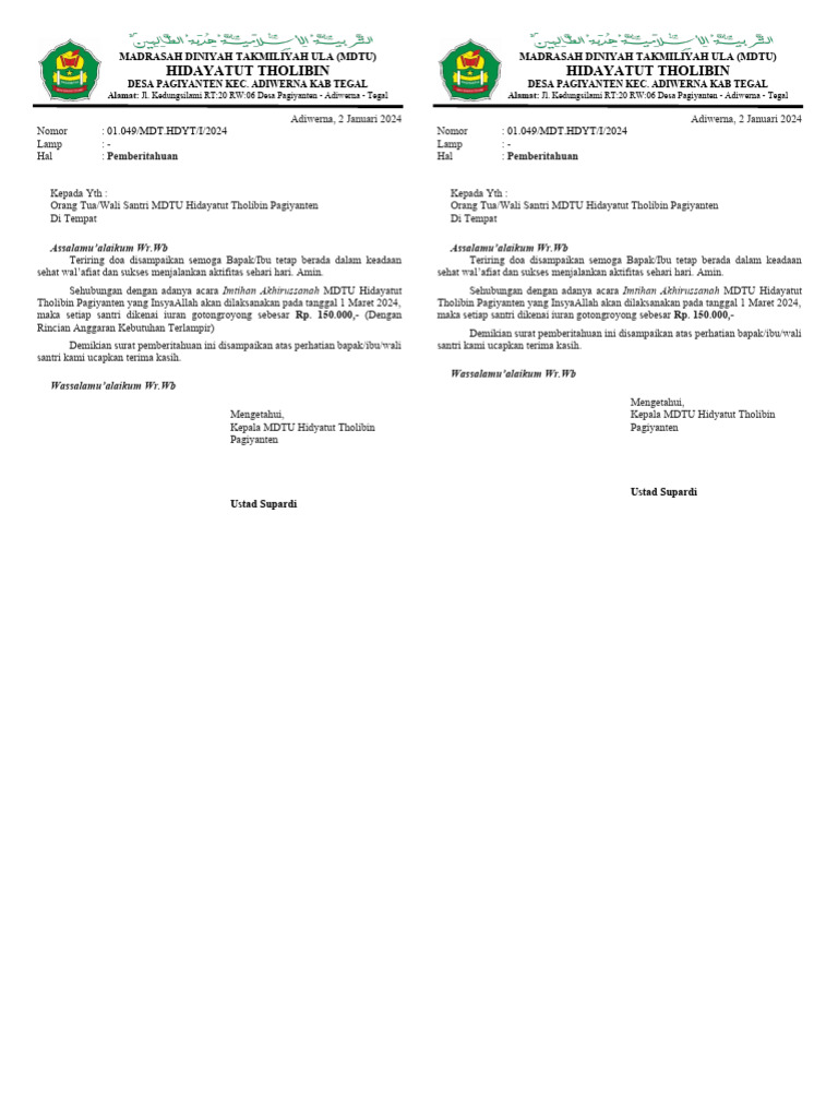 SURAT PEMBERITAHUAN IMTIHAN 2 Colom | PDF