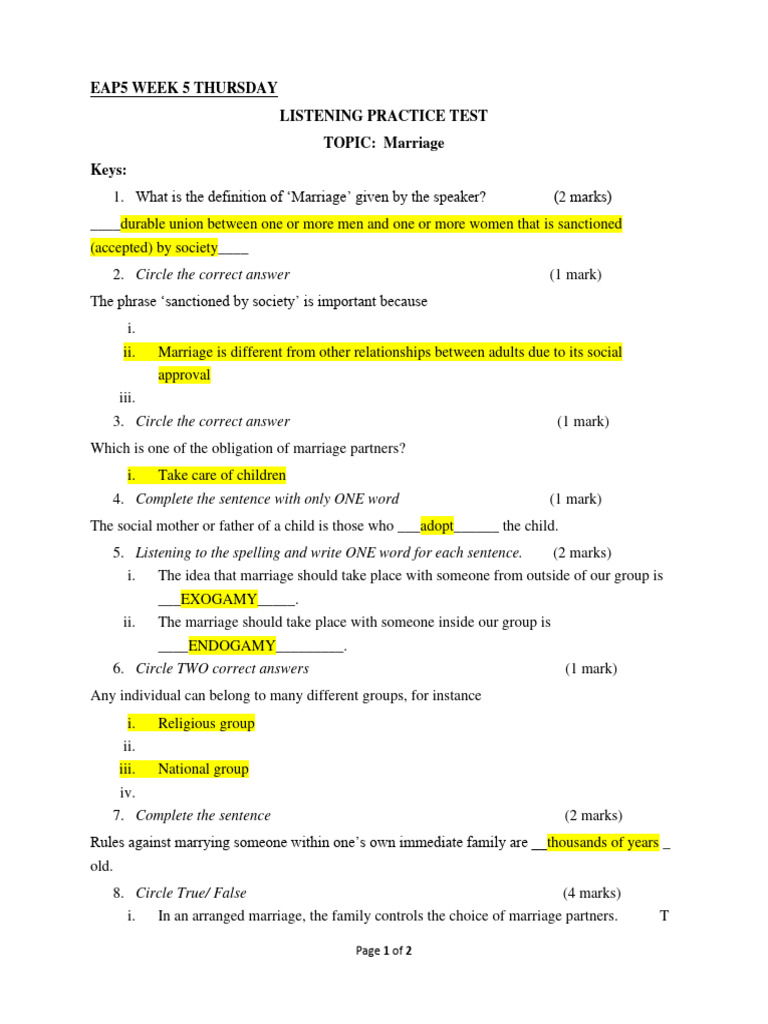 Answers Listening - Marriage | PDF | Marriage | Family