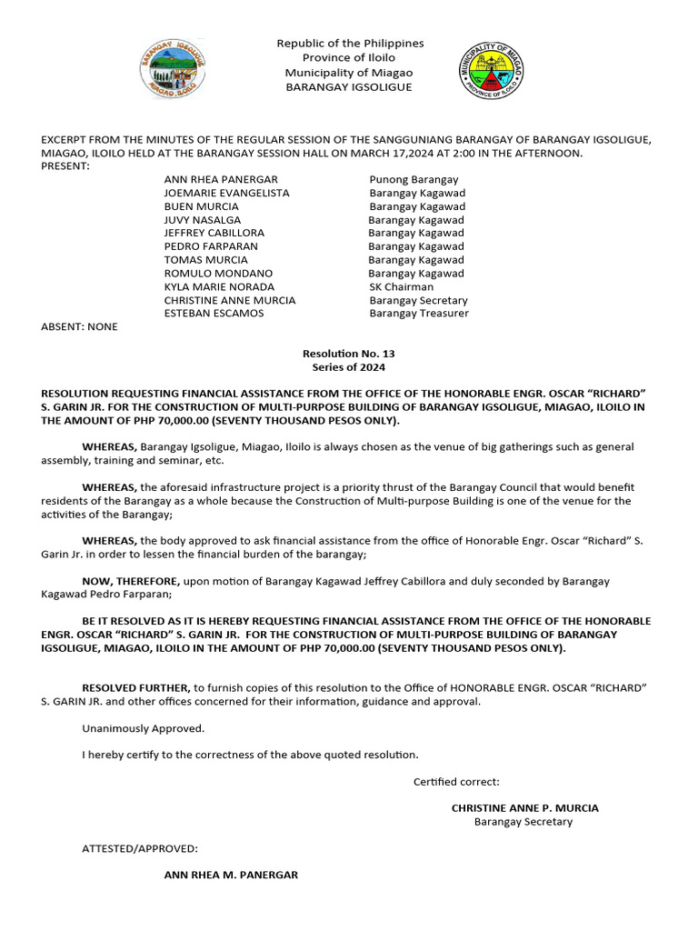 Barangay Igsoligue Resolutions | PDF | Philippines