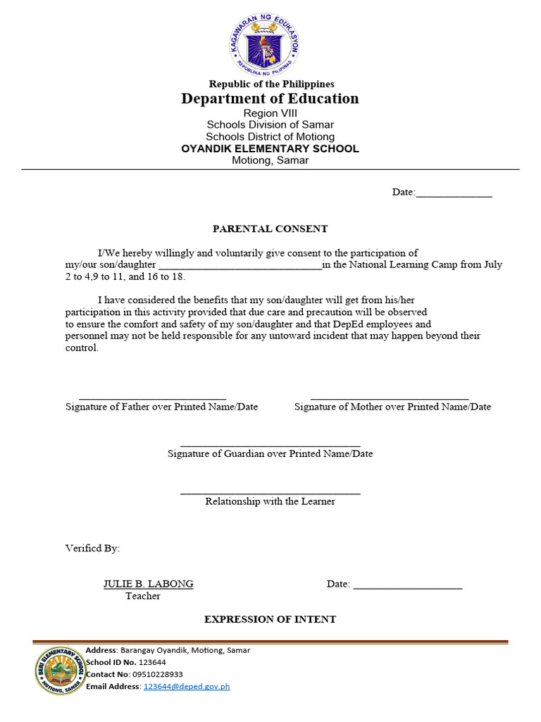 NLC - Parent Consent Expression of Intent | PDF
