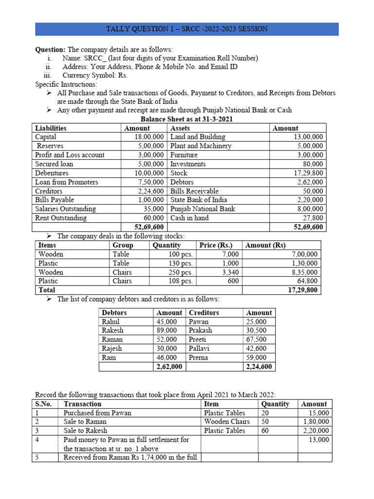 Tally Question 1 - 2022 Session | PDF | Banks | Receipt