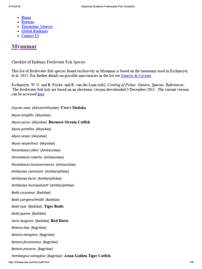 Myanmar Endemic Freshwater Fish List | PDF | Fish And Humans | Fish