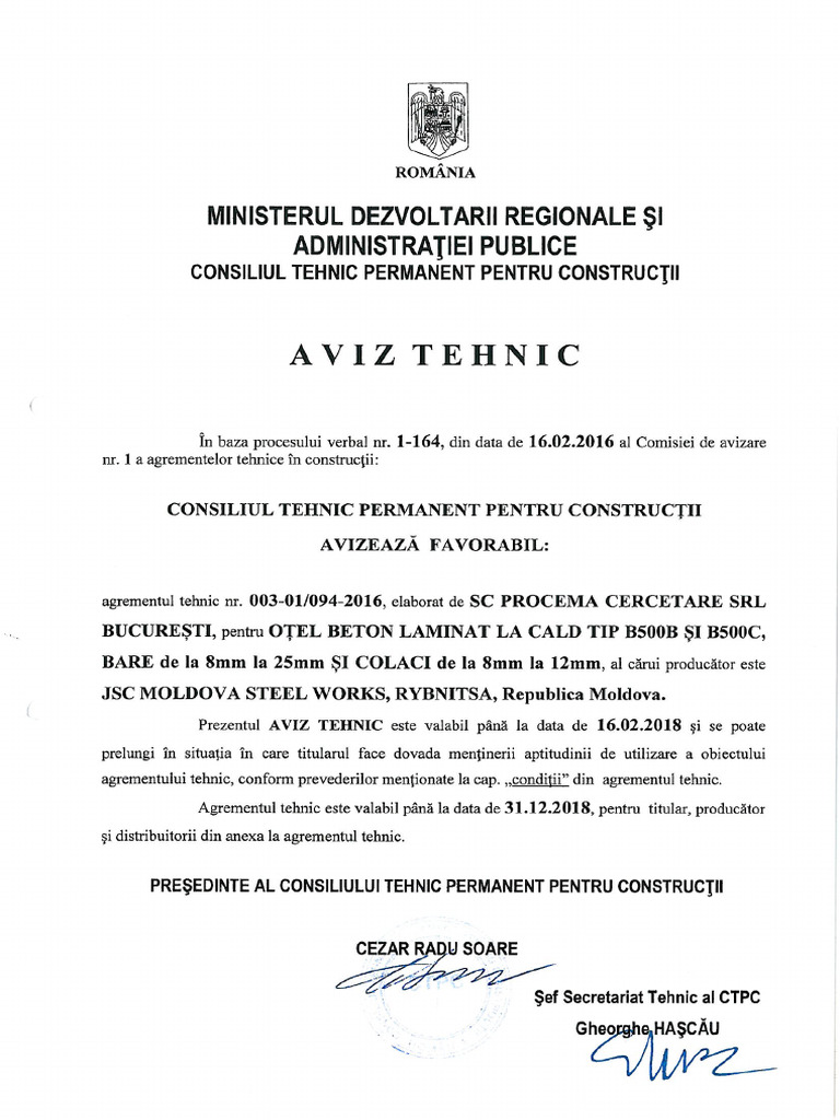 Agrement Tehnic Nr. 003-01-094-2016 JSC Moldova Steel | PDF