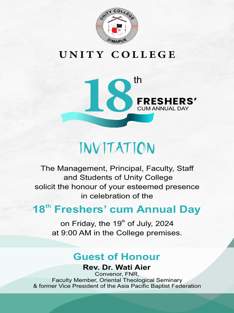 Unity College Freshers' Day Invitation | PDF