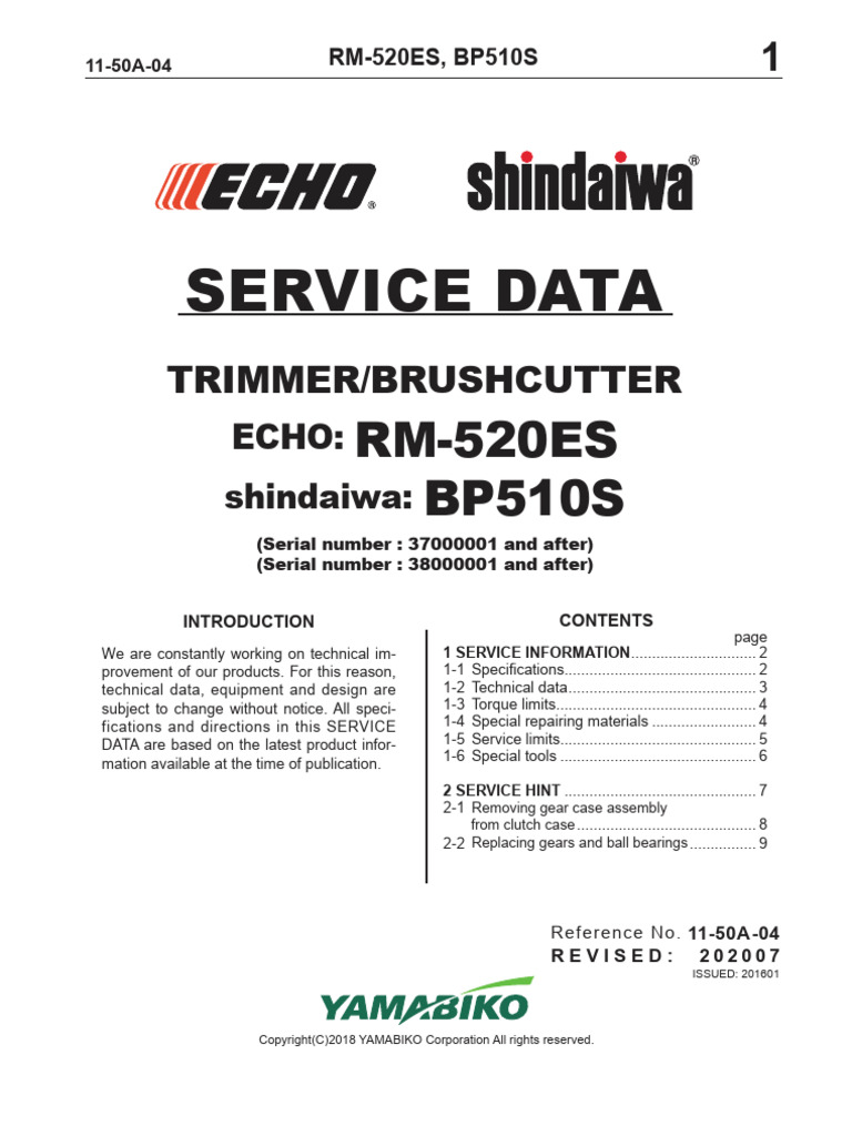 Echo SRM 520es Backpack Brushcutter Service Data | PDF | Piston | Bearing (Mechanical)