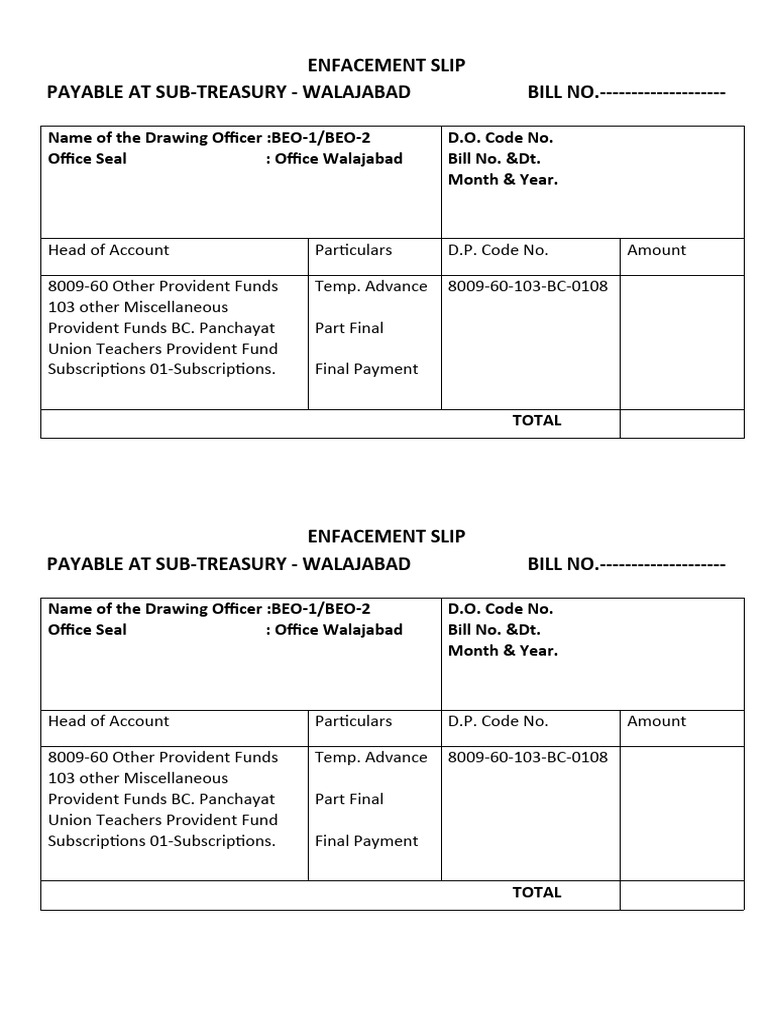 Enfacement Slip for Walajabad Payments | PDF | Finance & Money Management