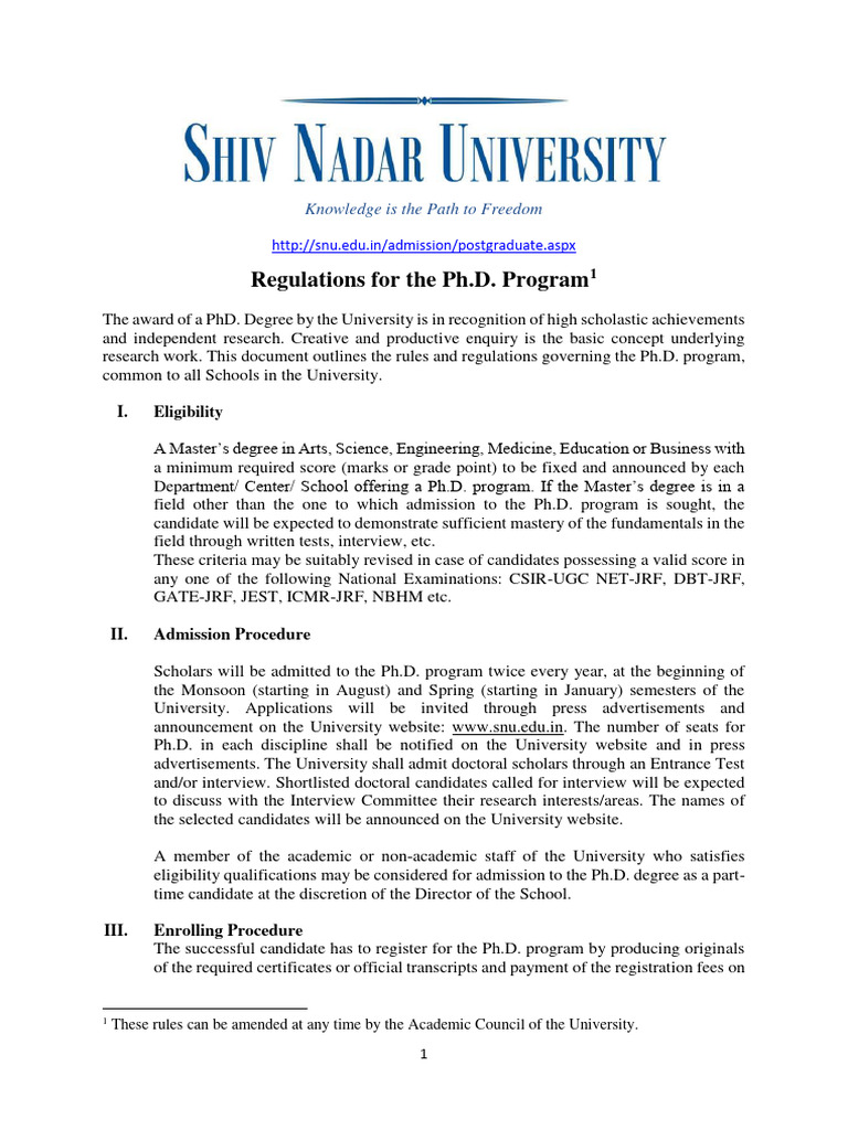 SNU - PhDRegulations - March 2017 | PDF | Thesis | Doctor Of Philosophy