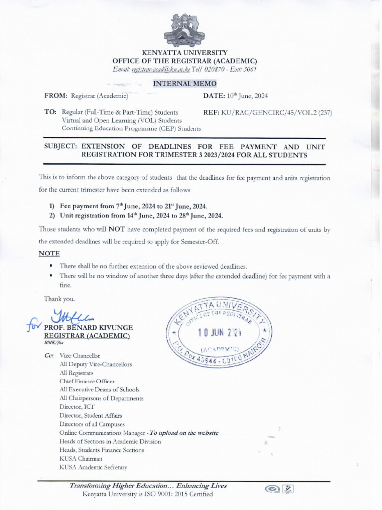 Extension of Deadlines For Fee Payment and Unit Registrtion For ...