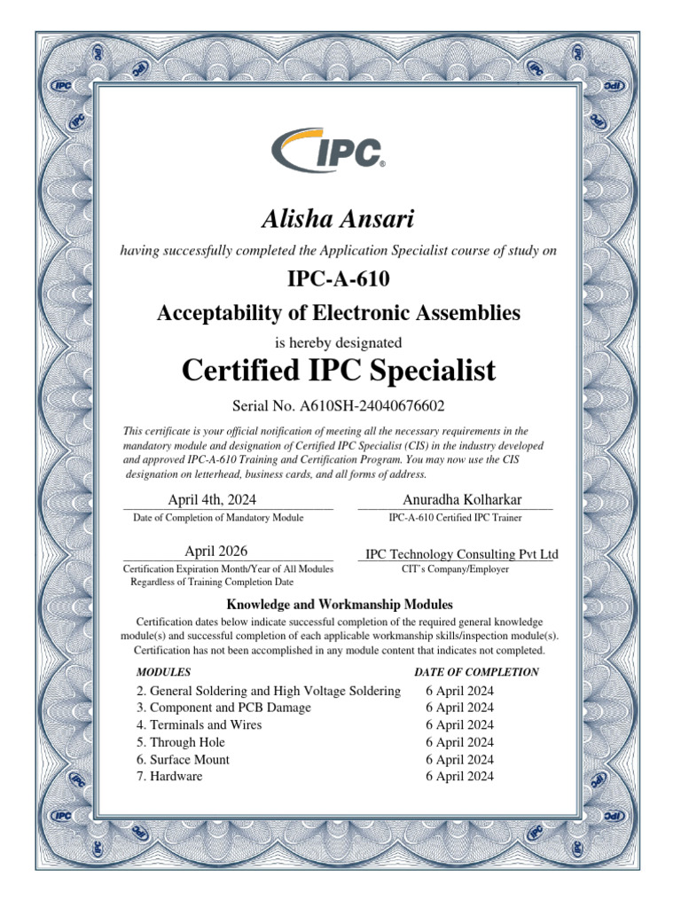 CIS_IPC-A-610H_EN_Certificate of Completion IPC-A-610H Certification | Download Free PDF ...