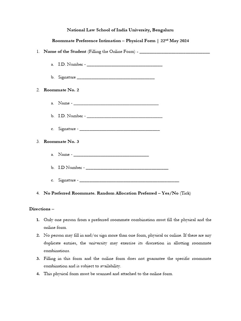 Roommate Intimation Form Physical | PDF