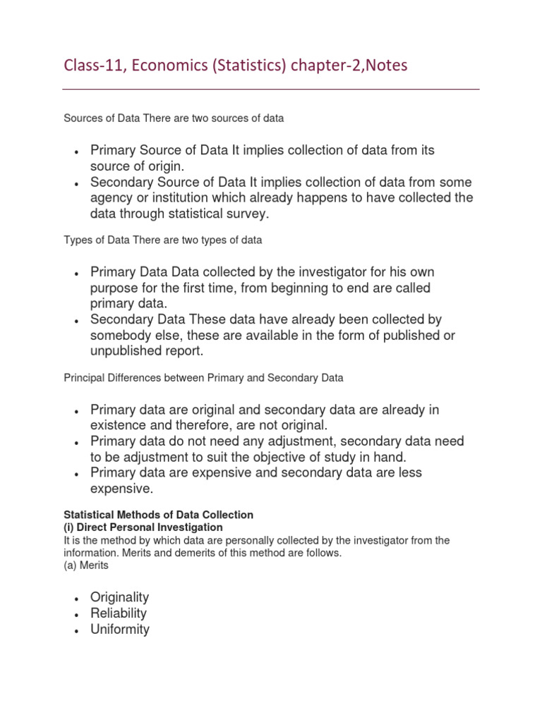 Class-11th, Economics (Statistics), Chapter-2 | PDF | Sampling (Statistics) | Methodology