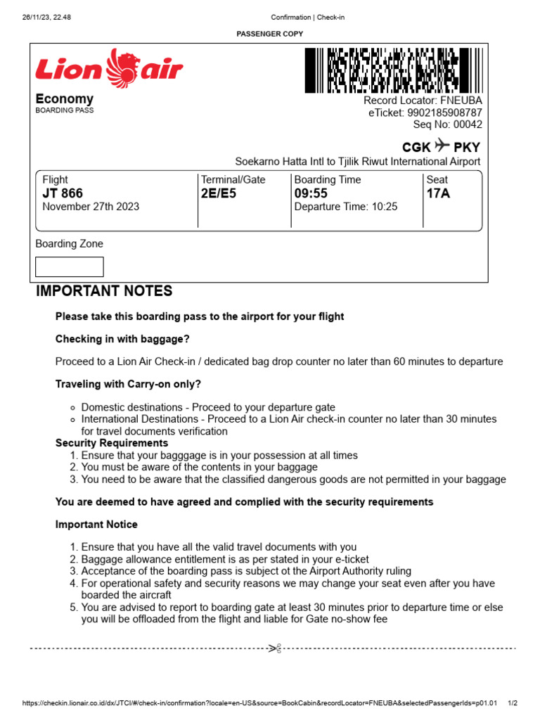 Lion Air Check-in Confirmation | PDF | Airport | Baggage