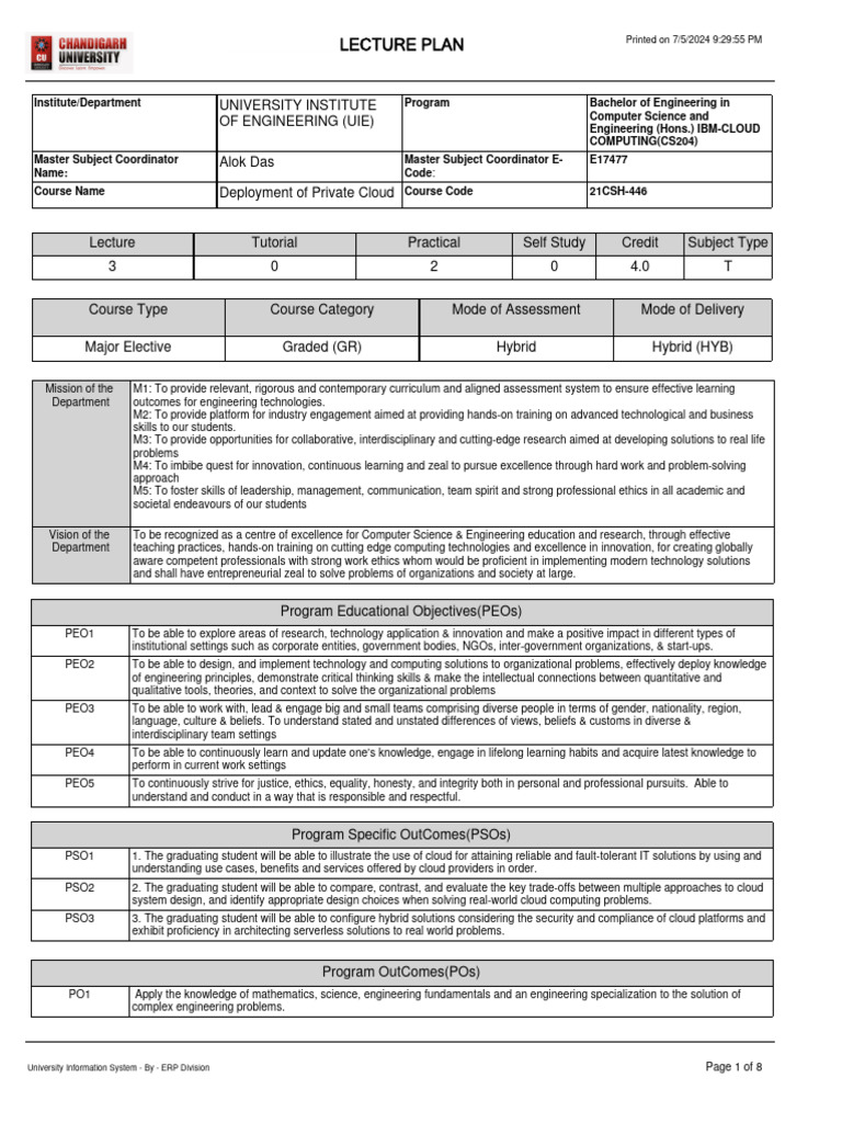 LecturePlan CS204 21CSH-446 | PDF | Engineering | Cloud Computing